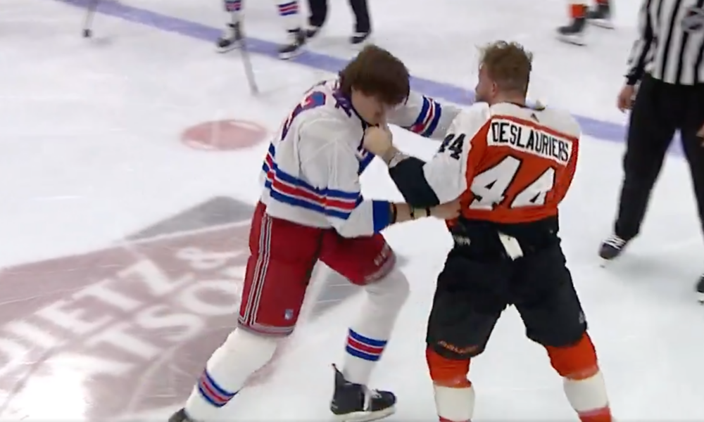 Watch: Flyers' Deslauriers, Rangers' Rempe Trade Bombs in Insane Fight